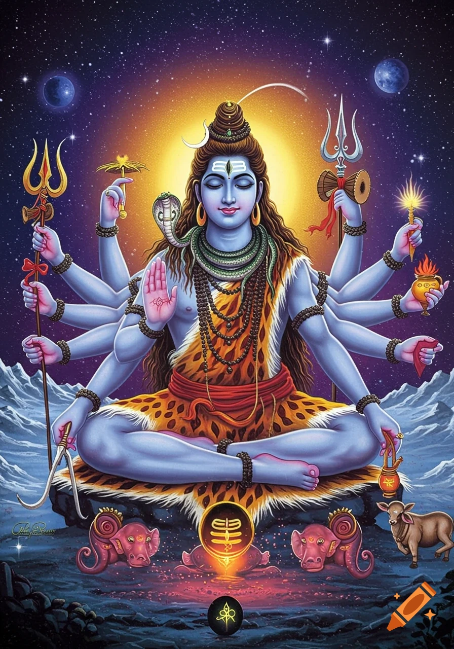 Lord Shiva meditating with multiple arms in a cosmic setting, with ...