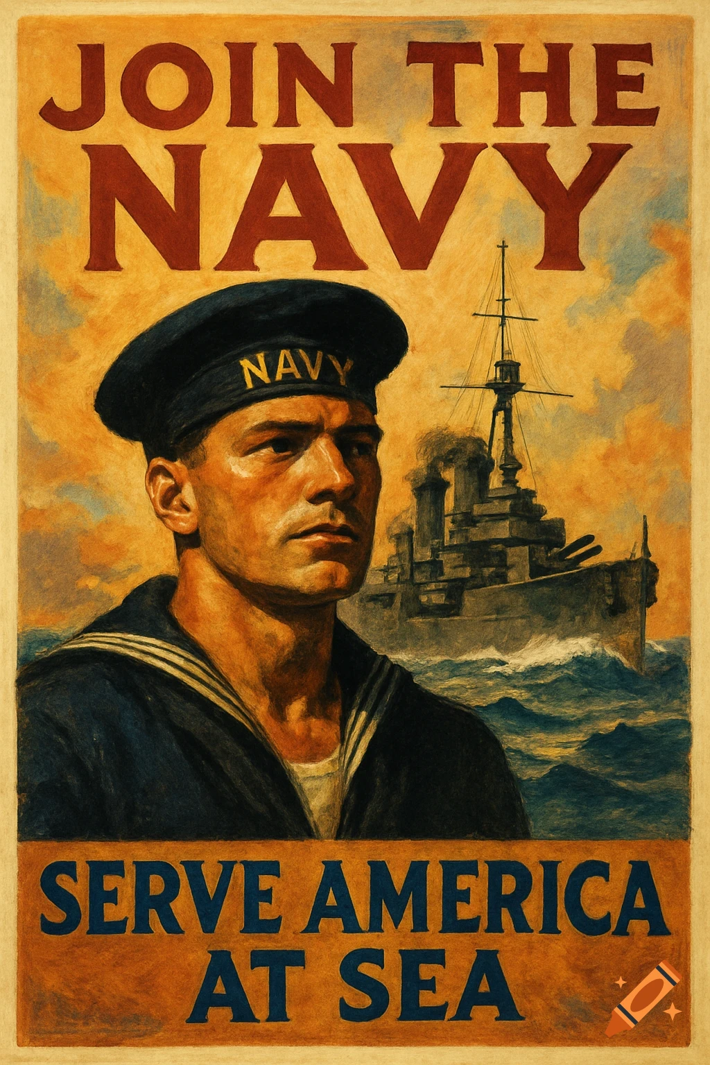 Vintage style navy propaganda poster with sailor, battleship, and text ...