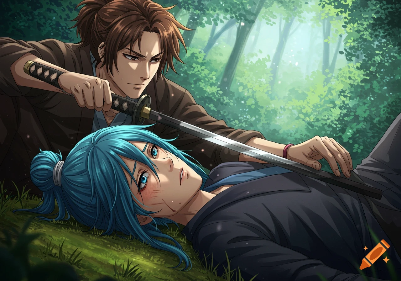 Anime illustration of one man pointing a sword at another man lying in ...