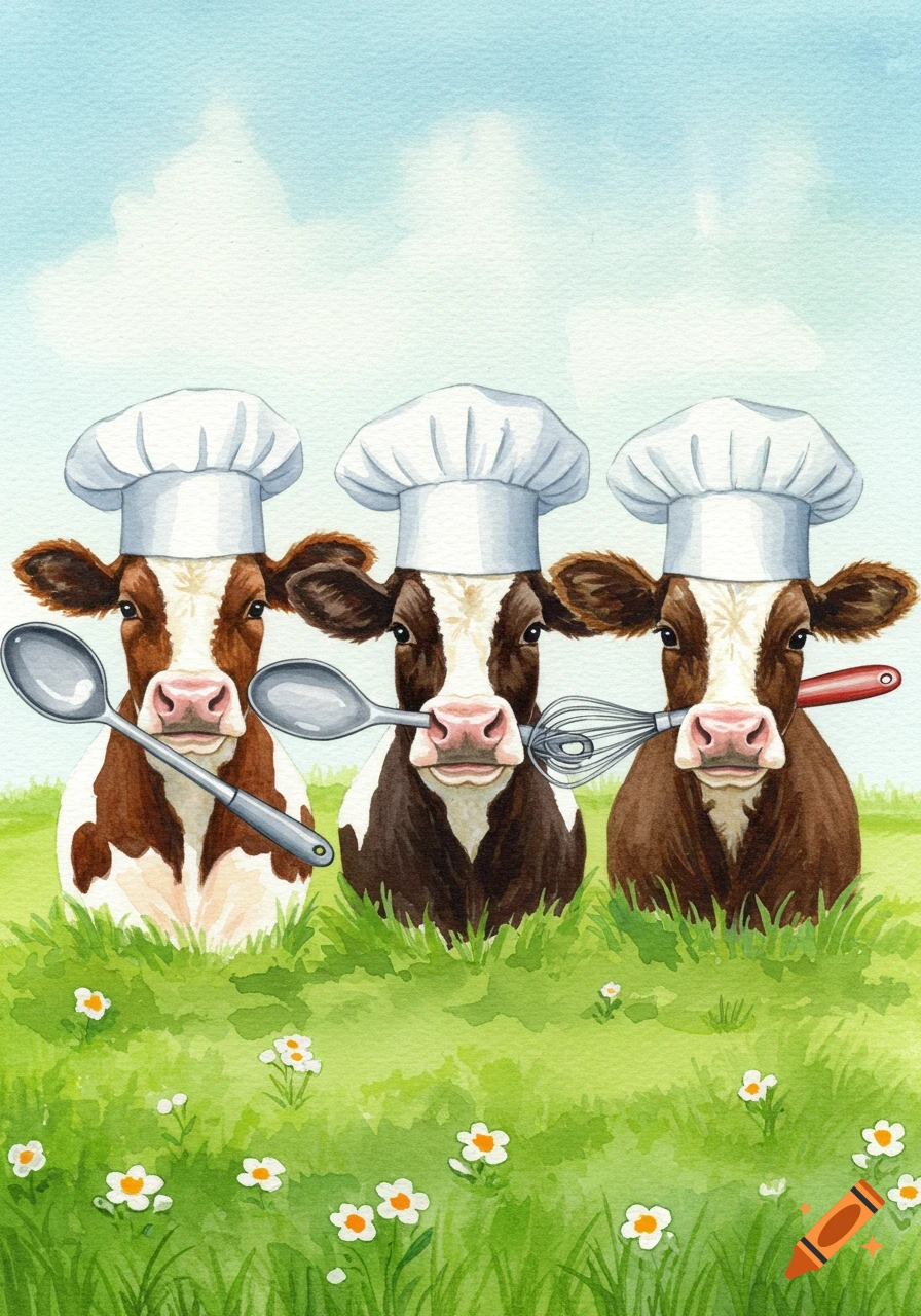 Three cows wearing chef hats hold a spoon, whisk, and spatula in their ...