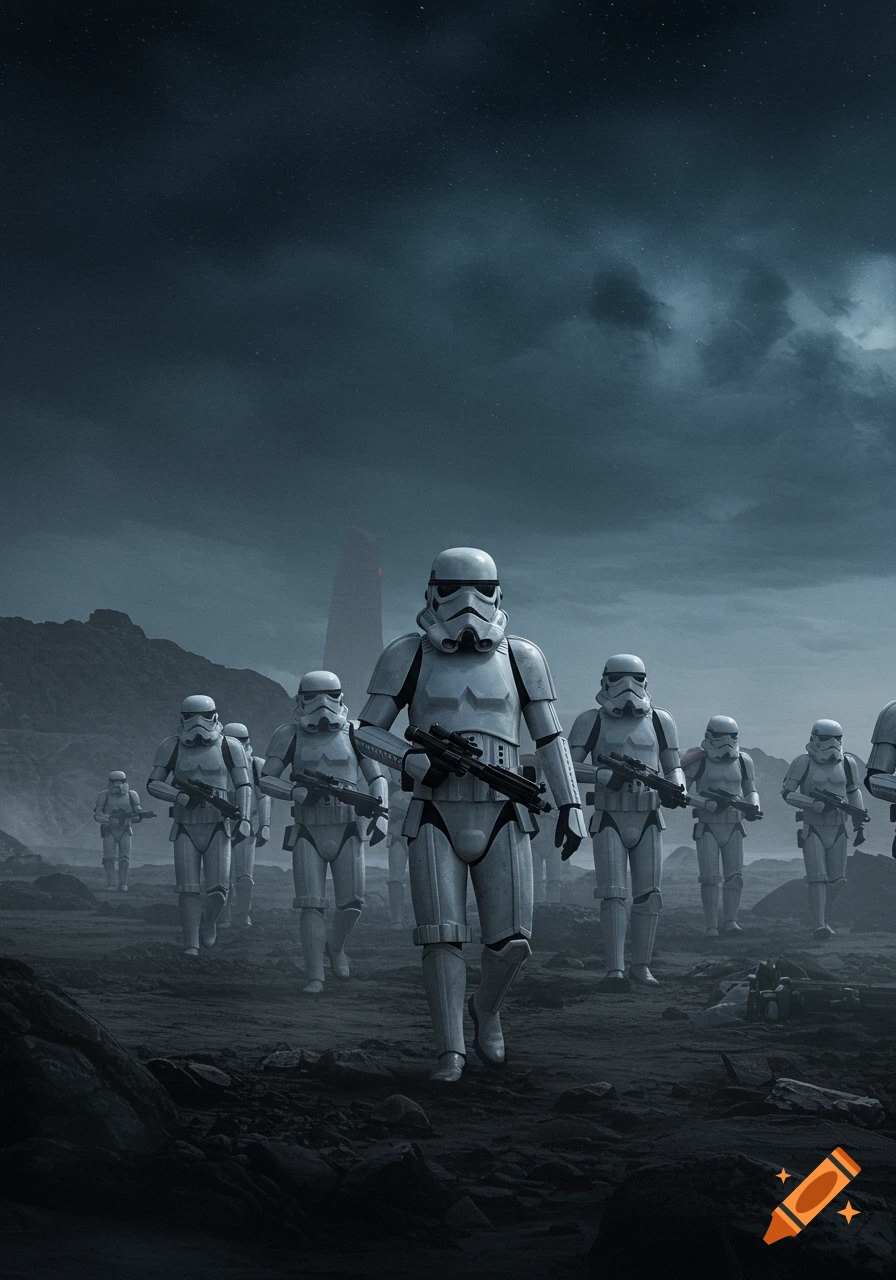 A group of Stormtroopers marching through a rocky, dark landscape with ...