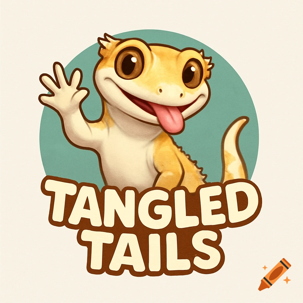 Cartoon logo of a yellow and white crested gecko waving with its tongue ...