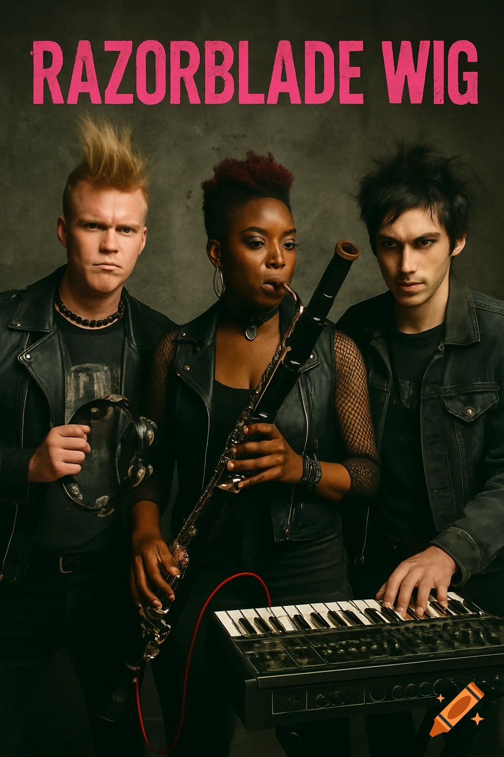 Three punk musicians with instruments and the text RAZORBLADE WIG ...