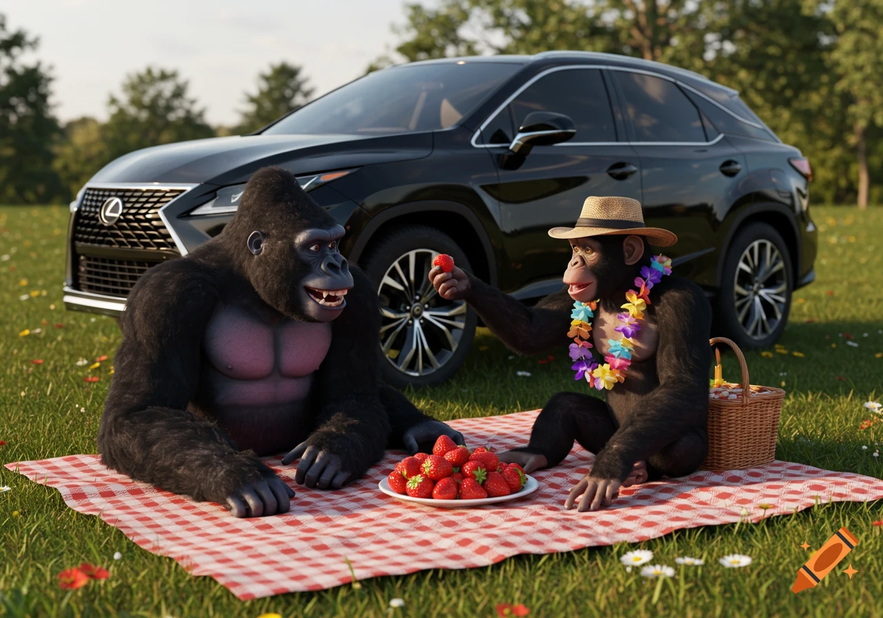Cartoon gorilla and chimpanzee picnic with strawberries next to black ...