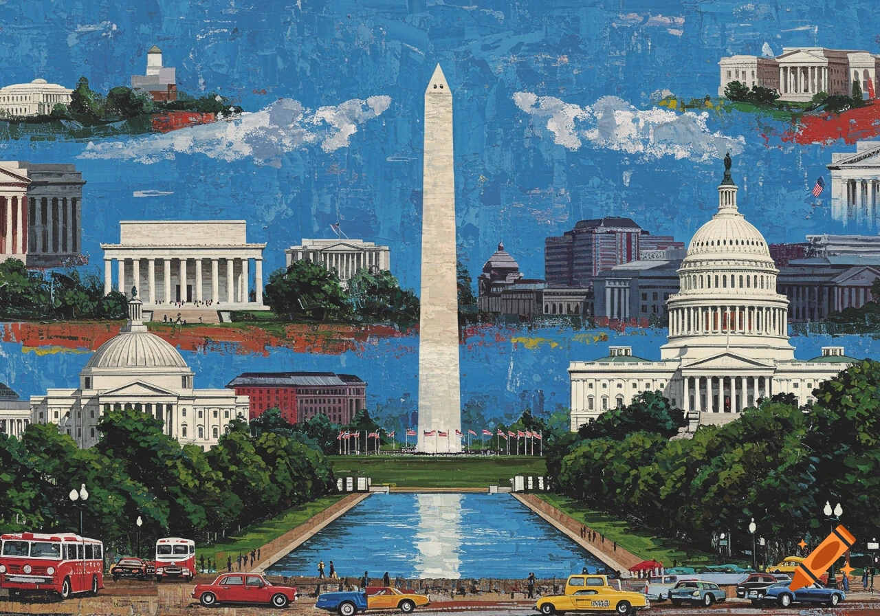 Collage artwork depicting Washington D.C. landmarks including the ...