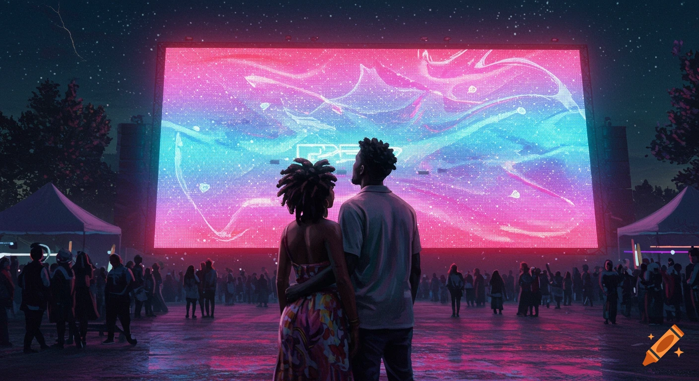 Couple watches a large LED screen with abstract art at a crowded ...