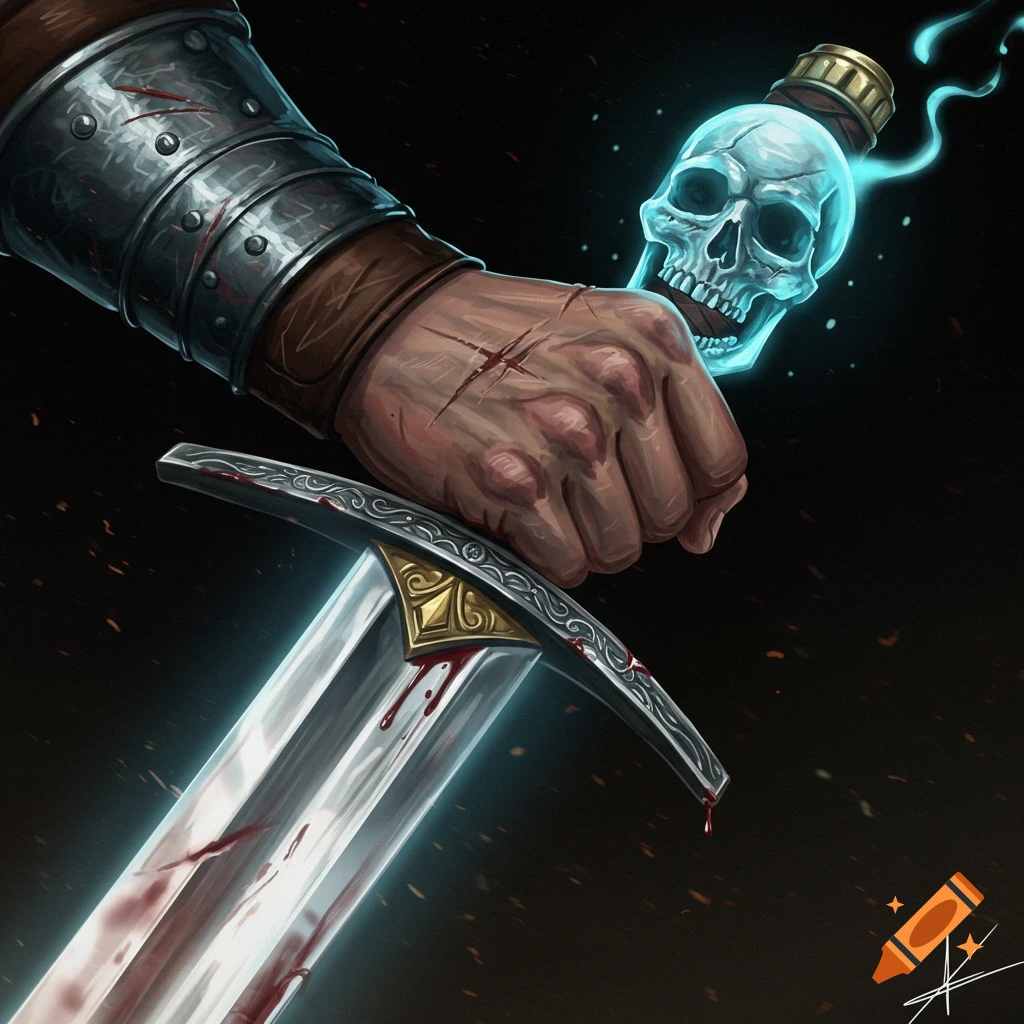 Close-up of a scarred hand gripping a bloody sword with a glowing skull ...