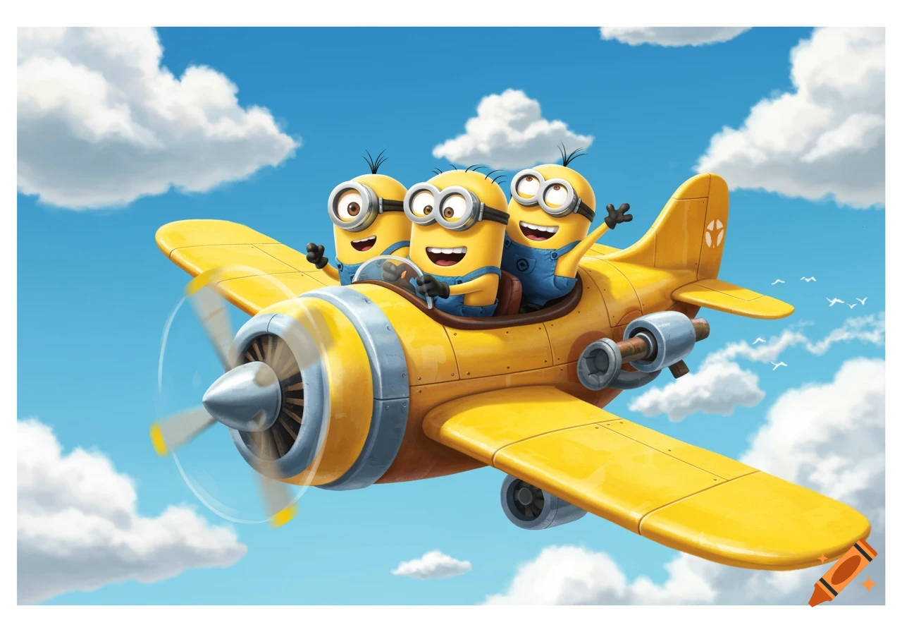 Three Minions fly a yellow propeller plane through a cloudy blue sky ...