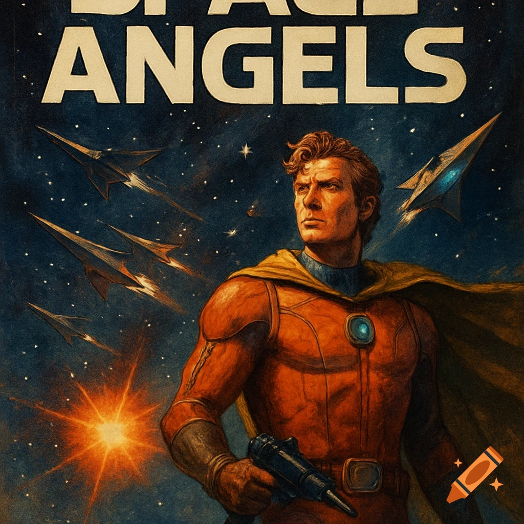 Vintage science fiction illustration of a man in a superhero suit and ...