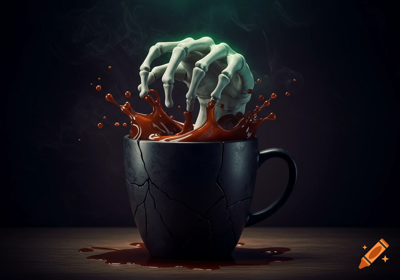 Skeleton hand emerging from a cracked coffee cup with splashing liquid ...
