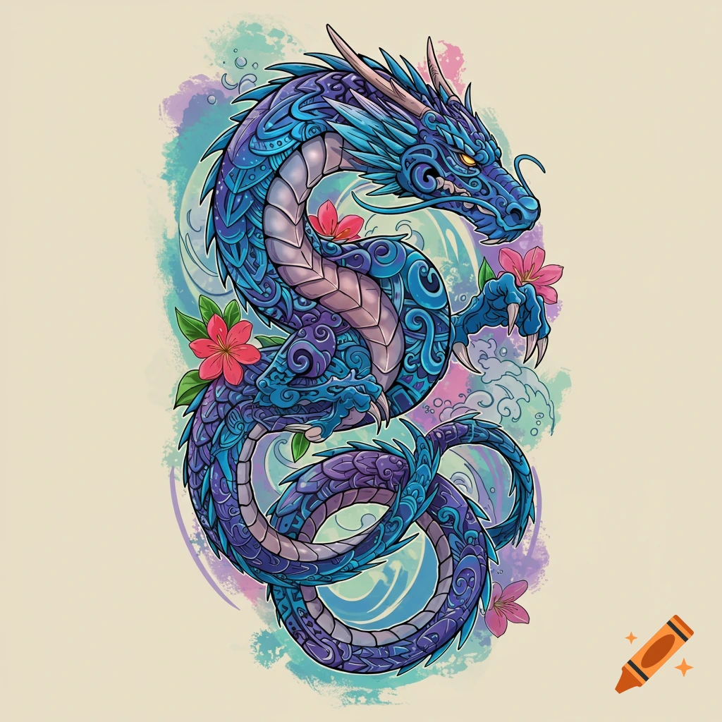 Vibrant blue and purple Polynesian-style dragon with pink flowers. on ...