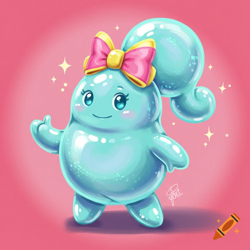 A cute cyan bubble character with a ponytail bubble and pink bow gives ...