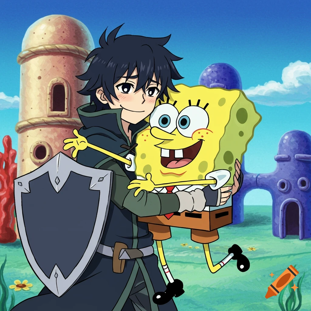 Naofumi from Shield Hero hugging Spongebob Squarepants in a cartoon ...