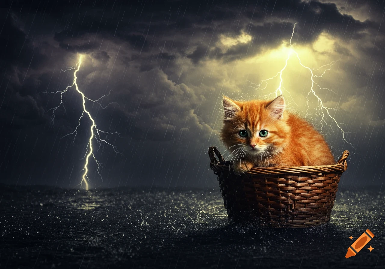 A ginger kitten sits in a basket during a severe thunderstorm with ...