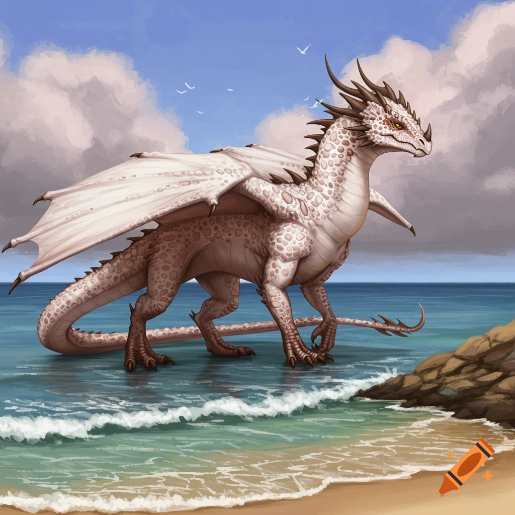 A white dragon with spotted scales stands in shallow water on a beach ...