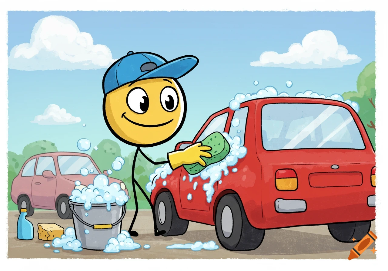 A cartoon stickman washes a red car with soap and sponge on a sunny day ...