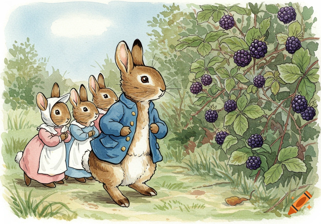 Peter Rabbit in his blue coat with his sisters Mopsy, Flopsy, and ...