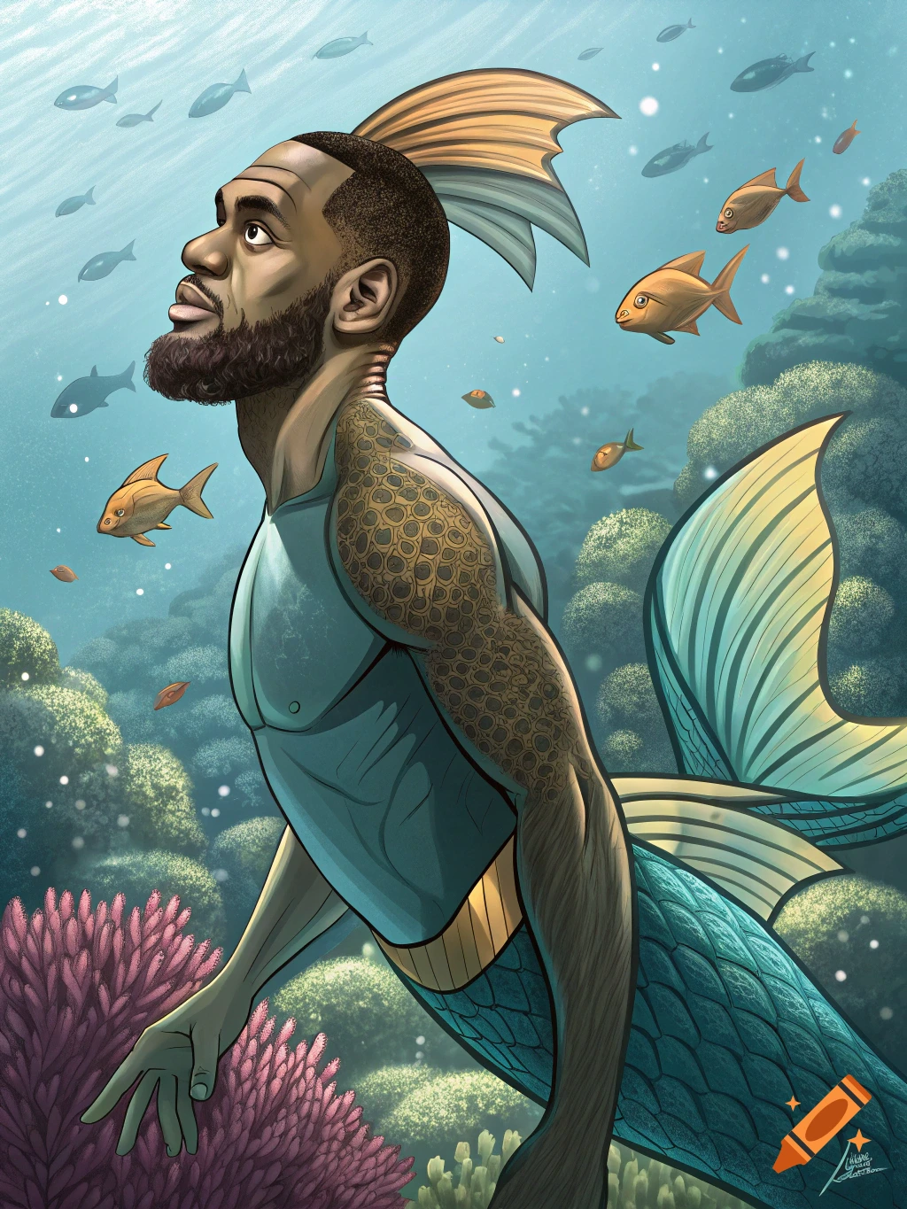 Illustration of Lebron James as a merman swimming underwater with fish ...