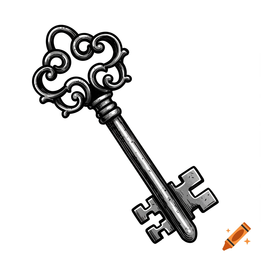 Black and white drawing of an antique skeleton key with a decorative ...