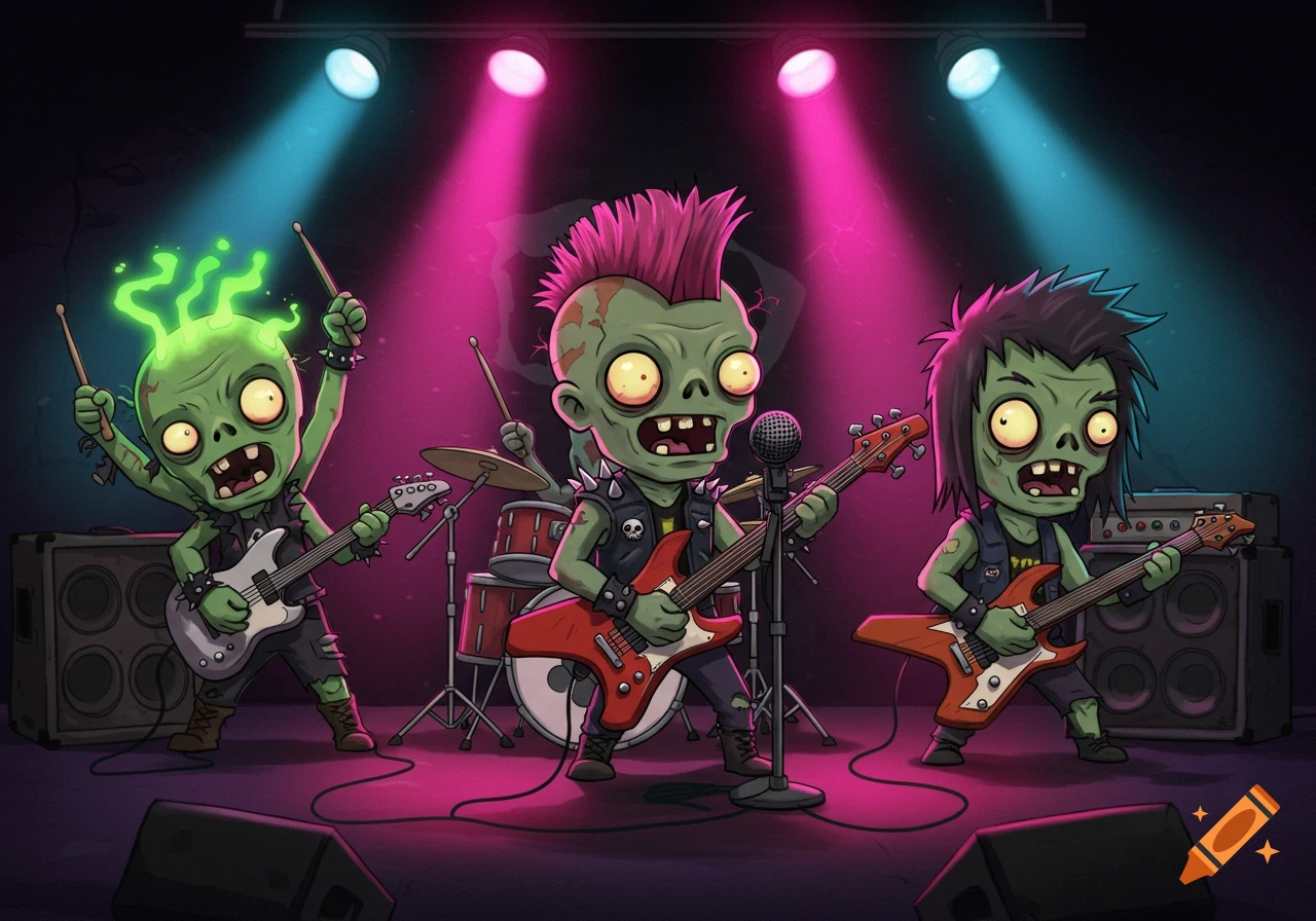 Cartoon zombie band playing instruments on a stage under spotlights. on ...