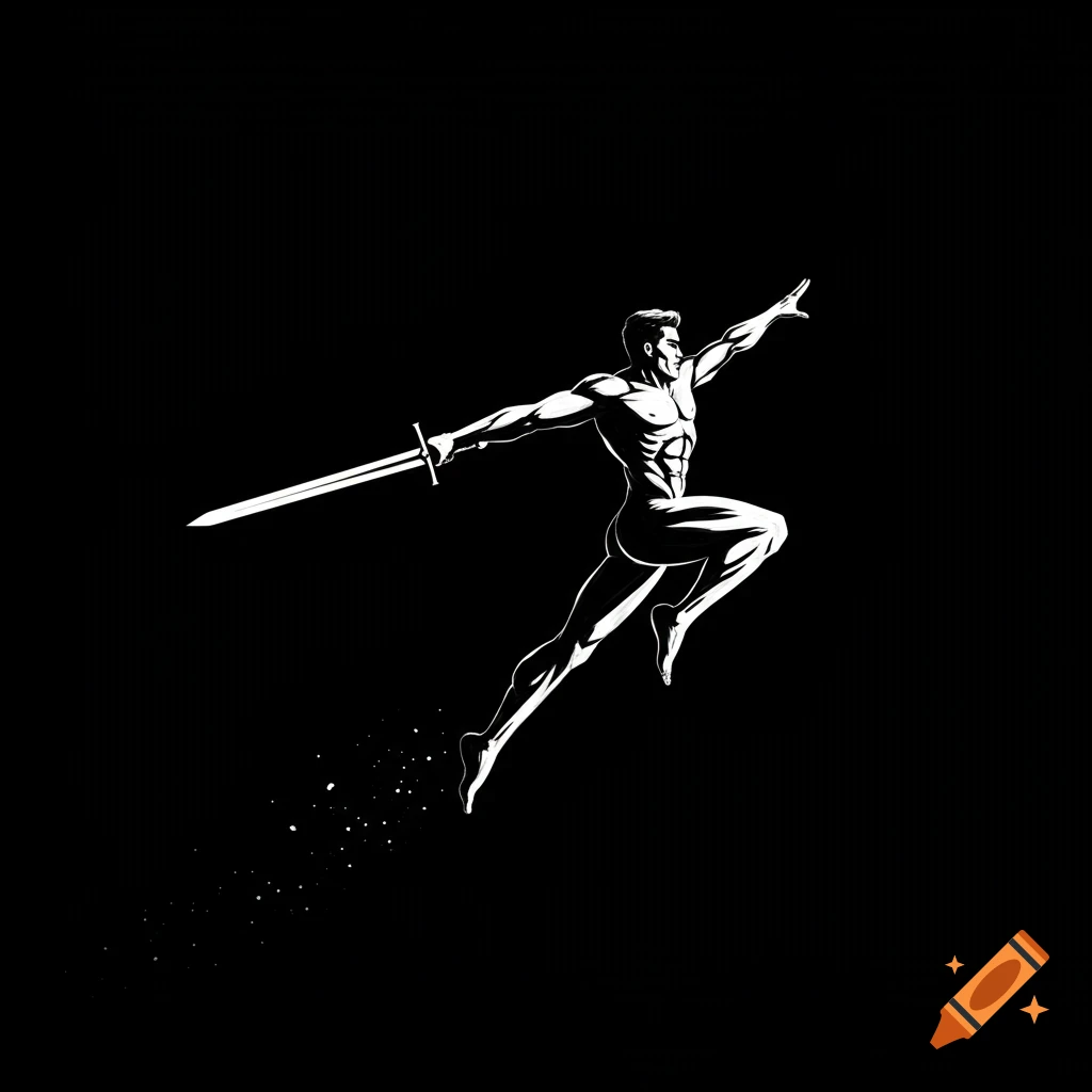 Black and white graphic illustration of a muscular man leaping with a ...