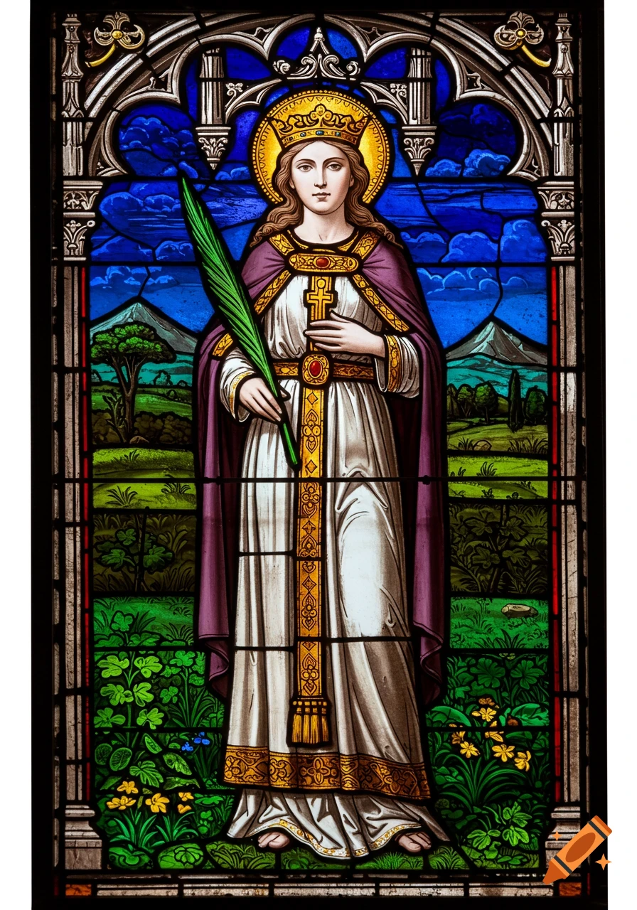 Stained glass depiction of a female saint holding a palm frond and ...