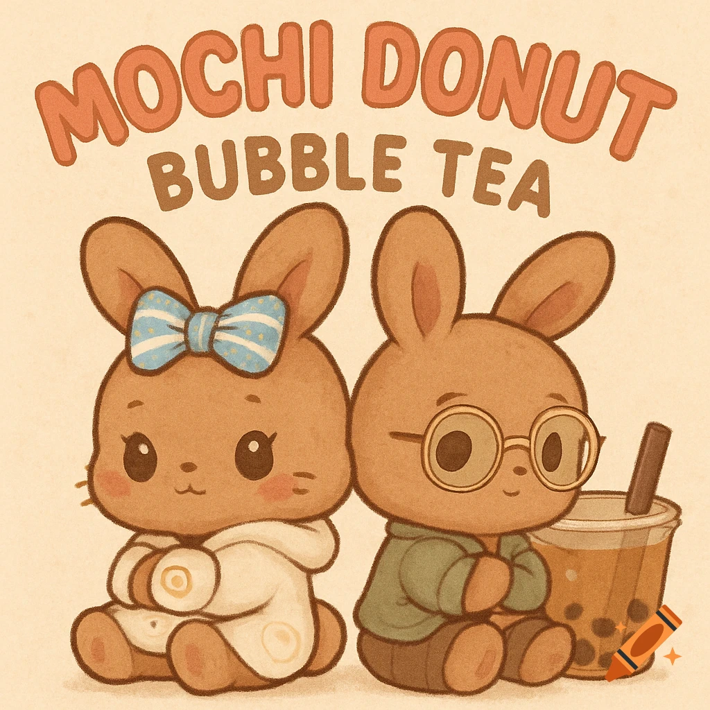 Two cute cartoon brown bunnies with a bubble tea under text saying ...