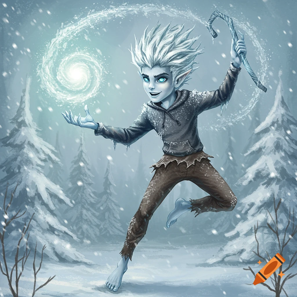 Jack Frost conjuring ice magic in a snowy forest, holding a staff. on ...