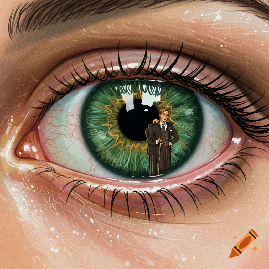 Close-up illustration of a green eye with two small figures in the iris ...