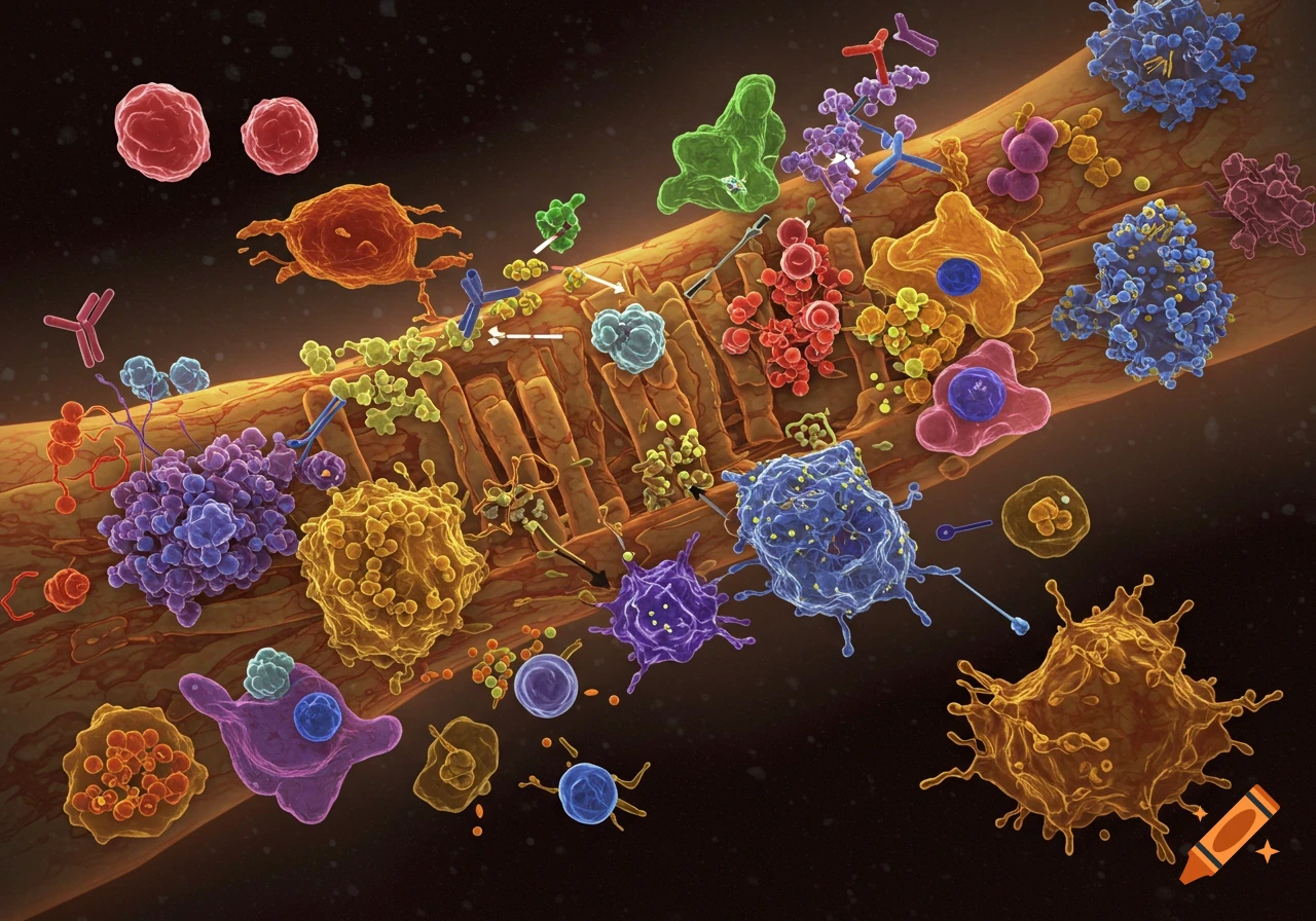 Detailed illustration of colorful immune cells and antibodies ...