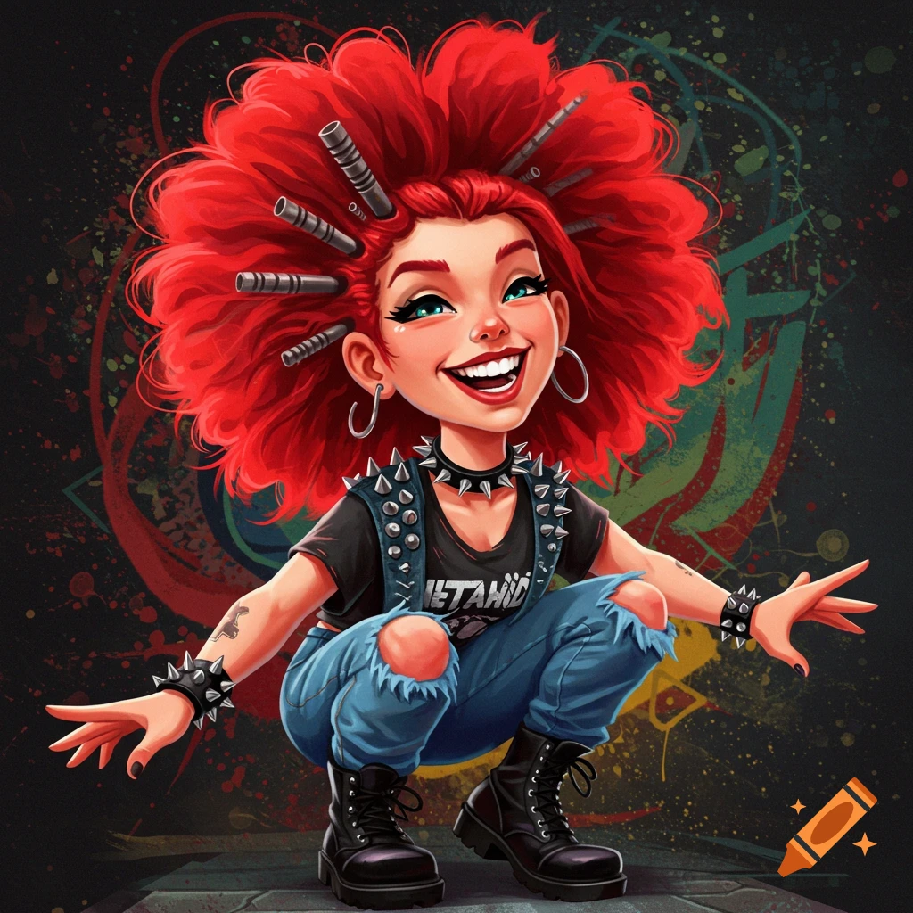 Cartoon punk metalhead girl with red hair crouching. on Craiyon