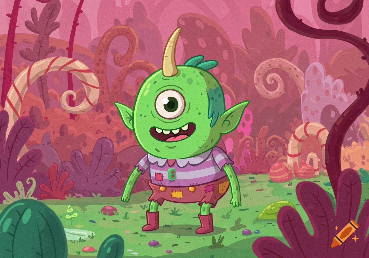 Cartoon green cyclops monster with a 'B' patch on its shirt in a pink ...