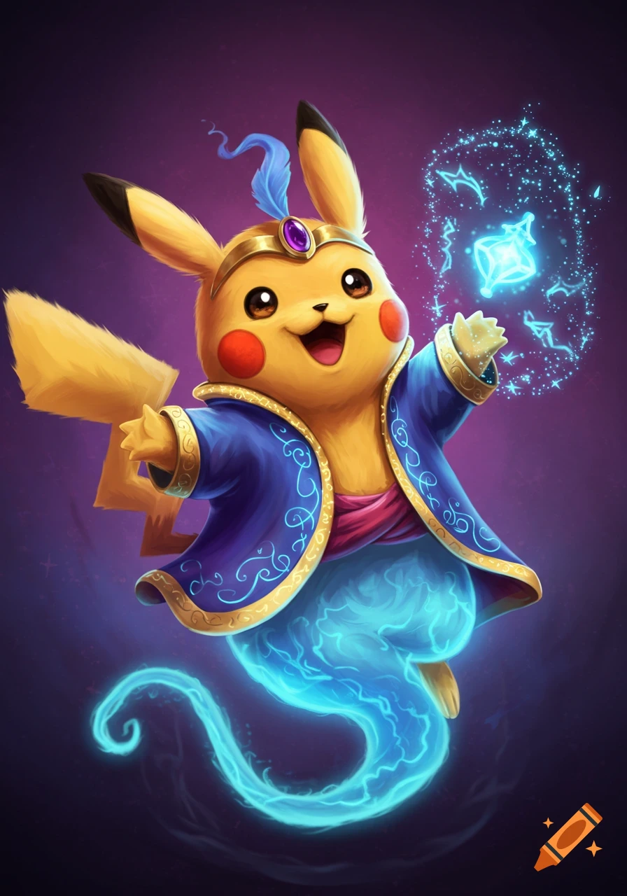 Pikachu dressed as a genie floats, casting blue magic. on Craiyon