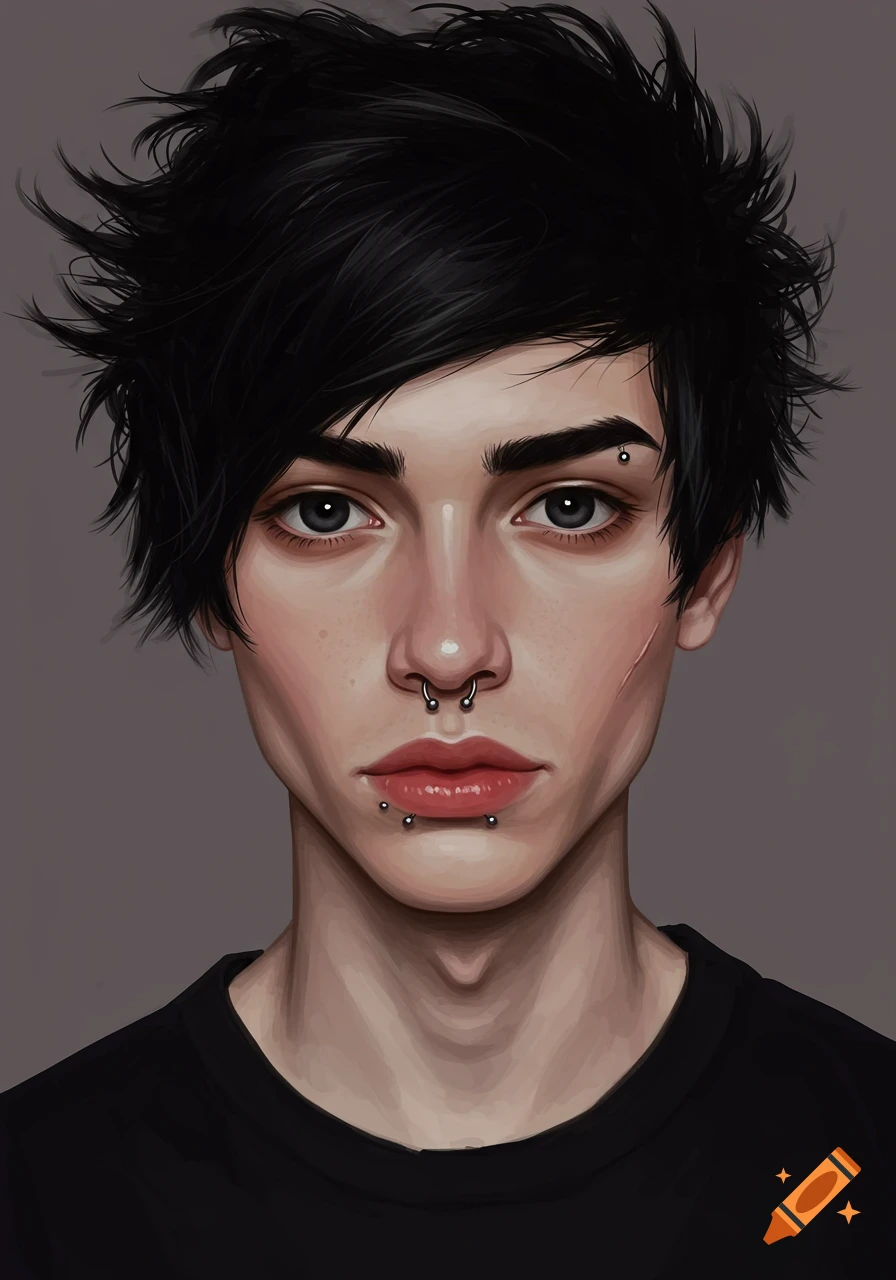 A digital painting close-up portrait of a young man with black messy ...
