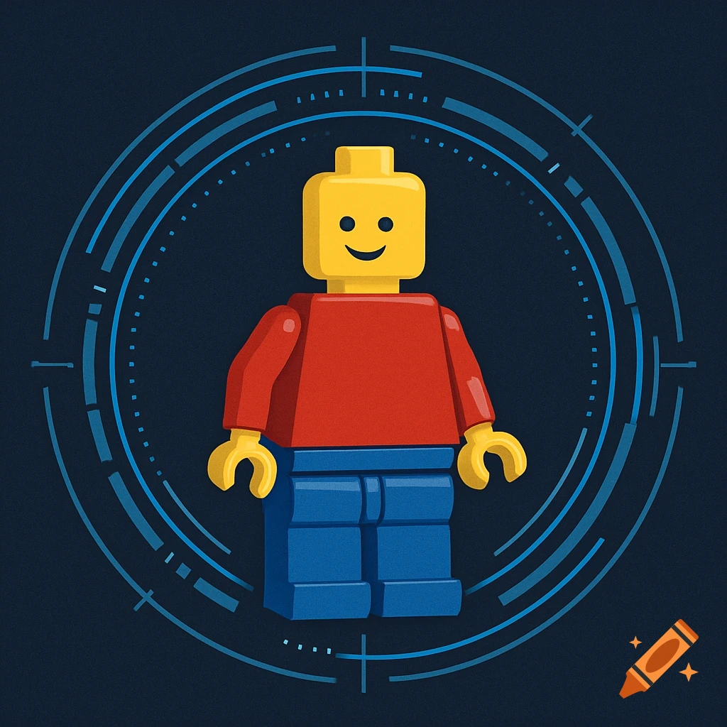 A Lego figure stands centered in a circular blue HUD display on a dark ...