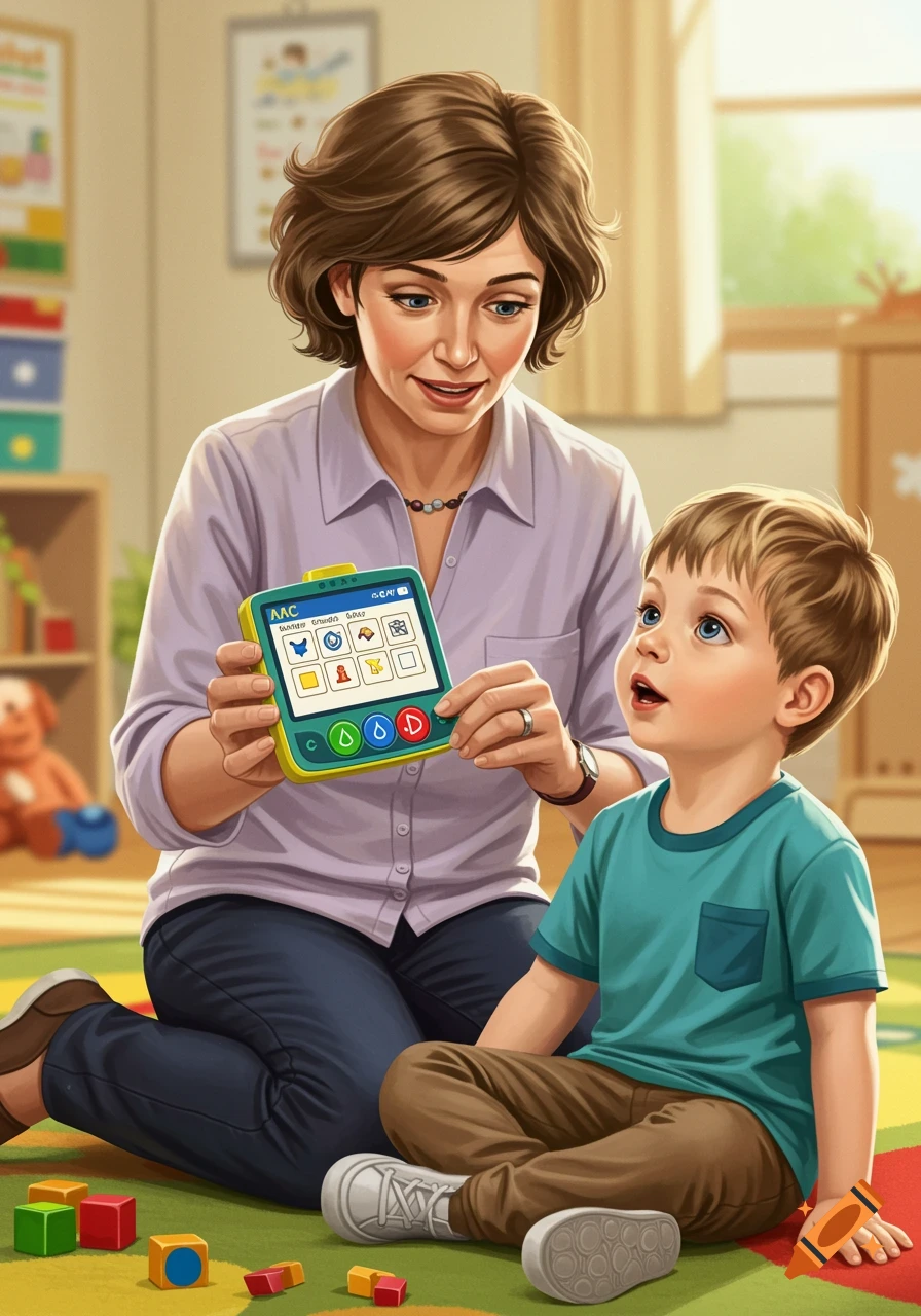 Adult shows a child how to use an AAC device in a classroom setting. on ...