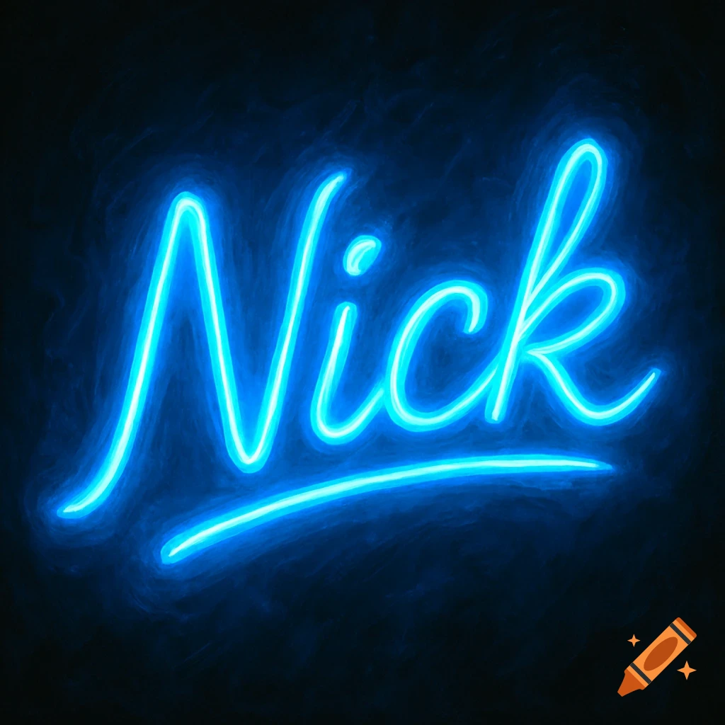 The name 'Nick' rendered in bright blue neon letters. on Craiyon