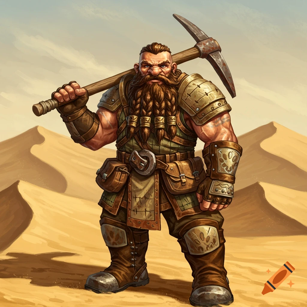 A dwarf in armor stands in a desert holding a pickaxe over his shoulder ...