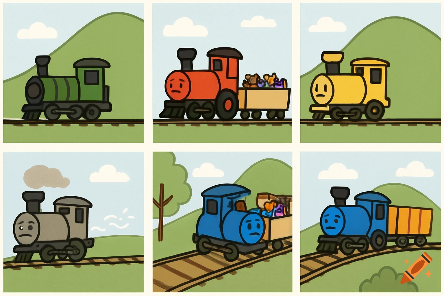 Storyboard panels of cartoon trains on tracks in a landscape. on Craiyon