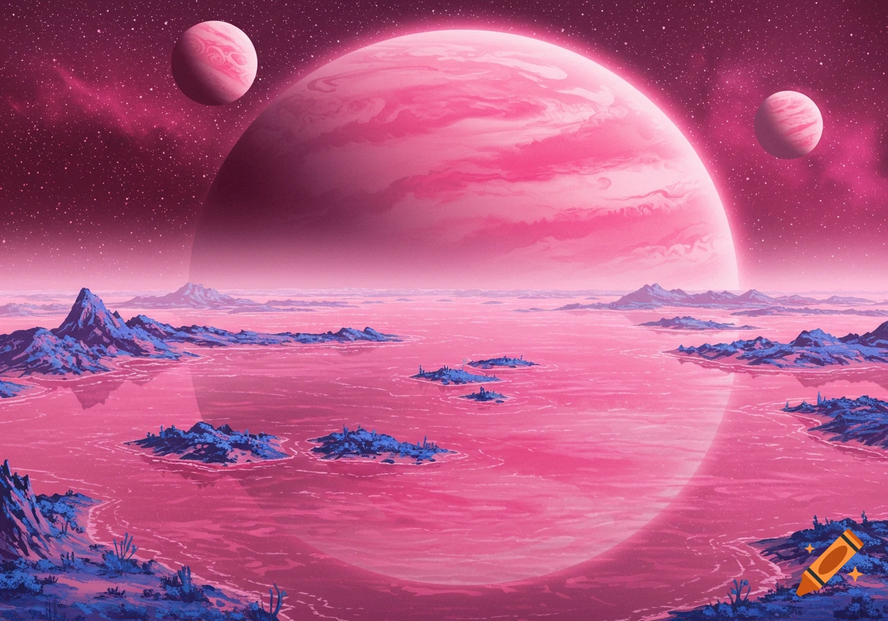 A vast pink planet and moons over a pink ocean and blue islands. on Craiyon