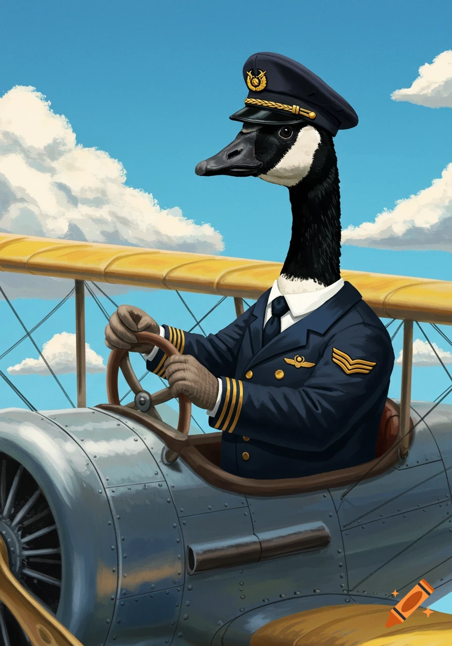 A Canada goose in a pilot's uniform flying a biplane. on Craiyon