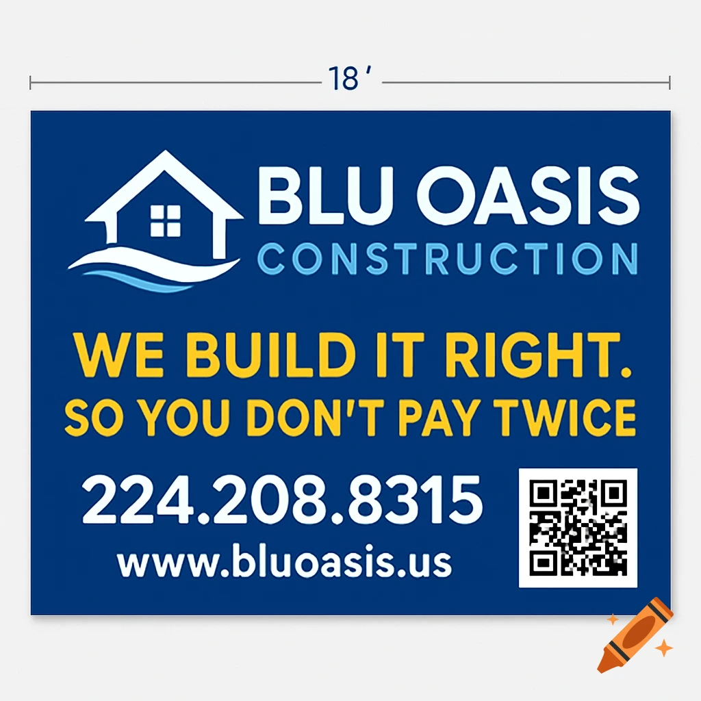 Blue yard sign for Blu Oasis Construction with text and QR code. on Craiyon