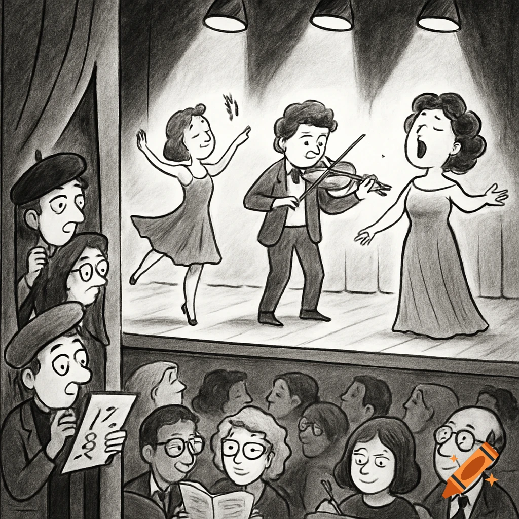 A black and white cartoon sketch of performers (dancer, violinist ...