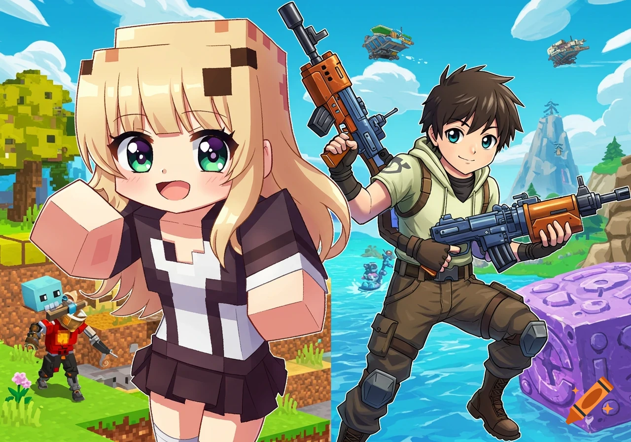 Anime girl with Minecraft features and anime boy with gun in a ...