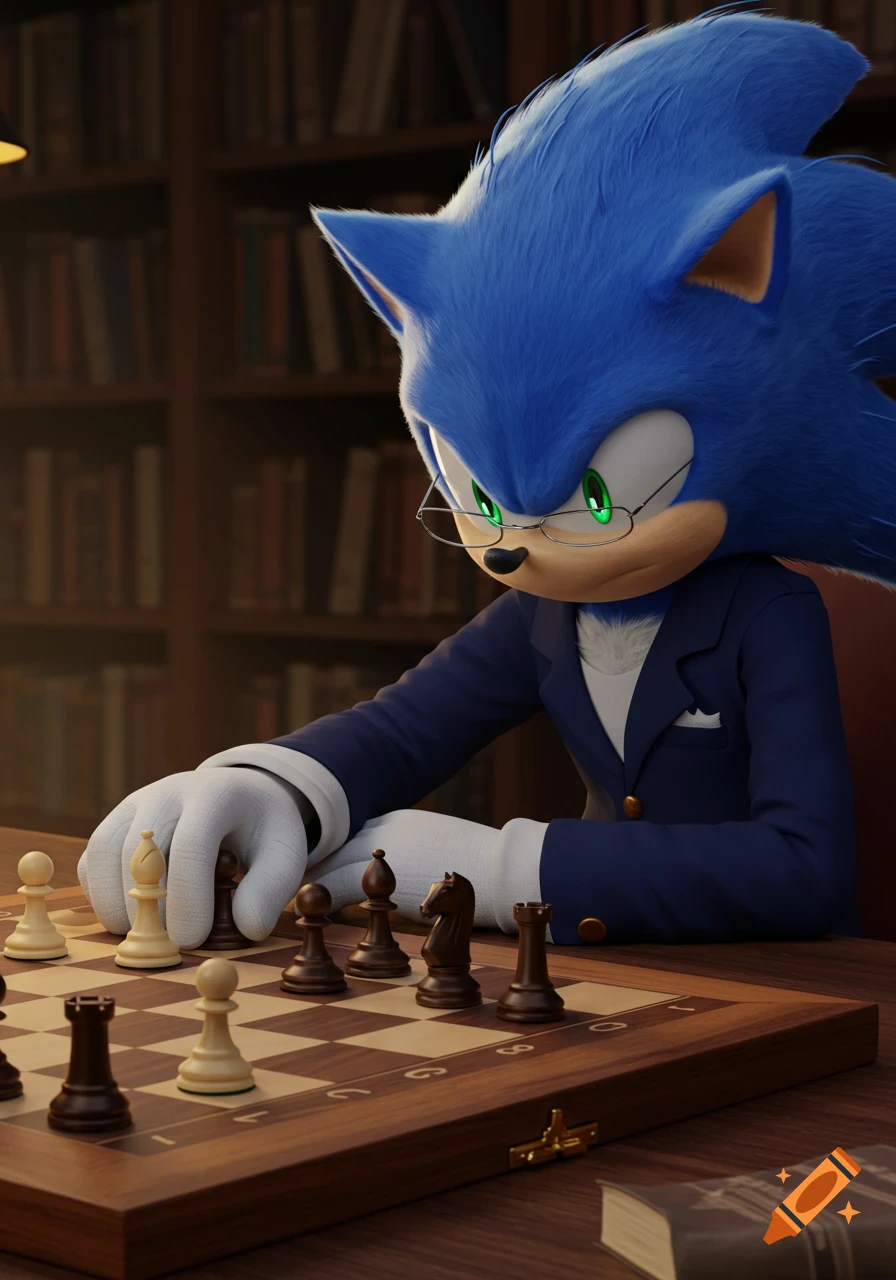 Sonic the Hedgehog playing chess in a library. on Craiyon