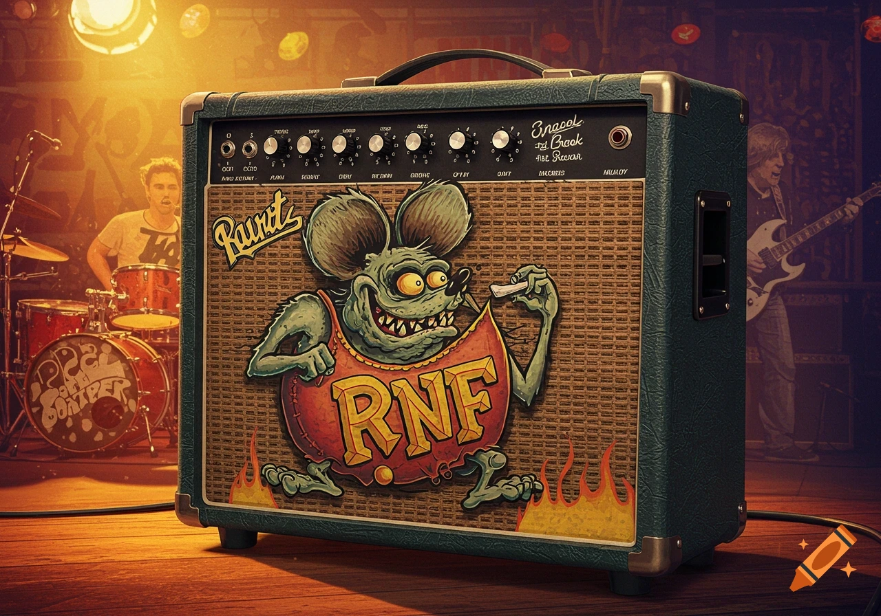 A Rat Fink-style character decal on a guitar amp on stage with a band ...