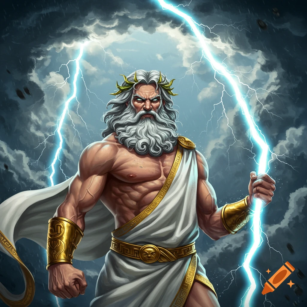 Powerful Zeus holding lightning bolts under a stormy sky. on Craiyon