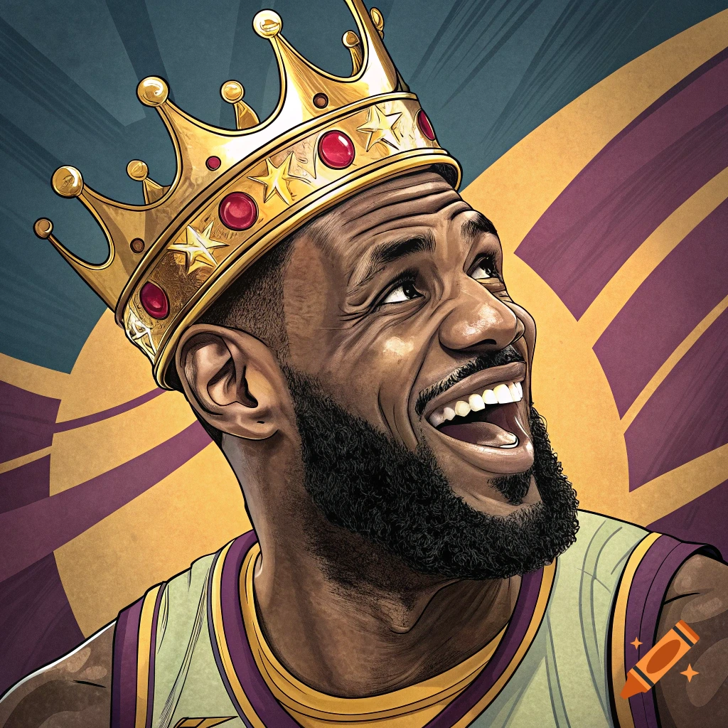 Stylized illustration of LeBron James wearing a crown and smiling. on ...