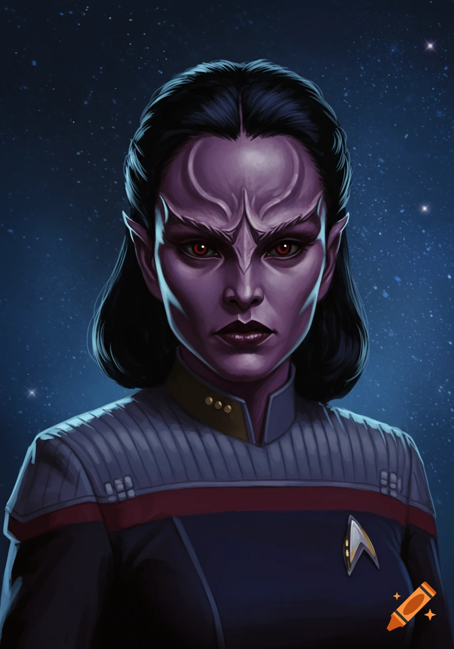 Portrait of a purple-skinned alien female with red eyes wearing a sci ...
