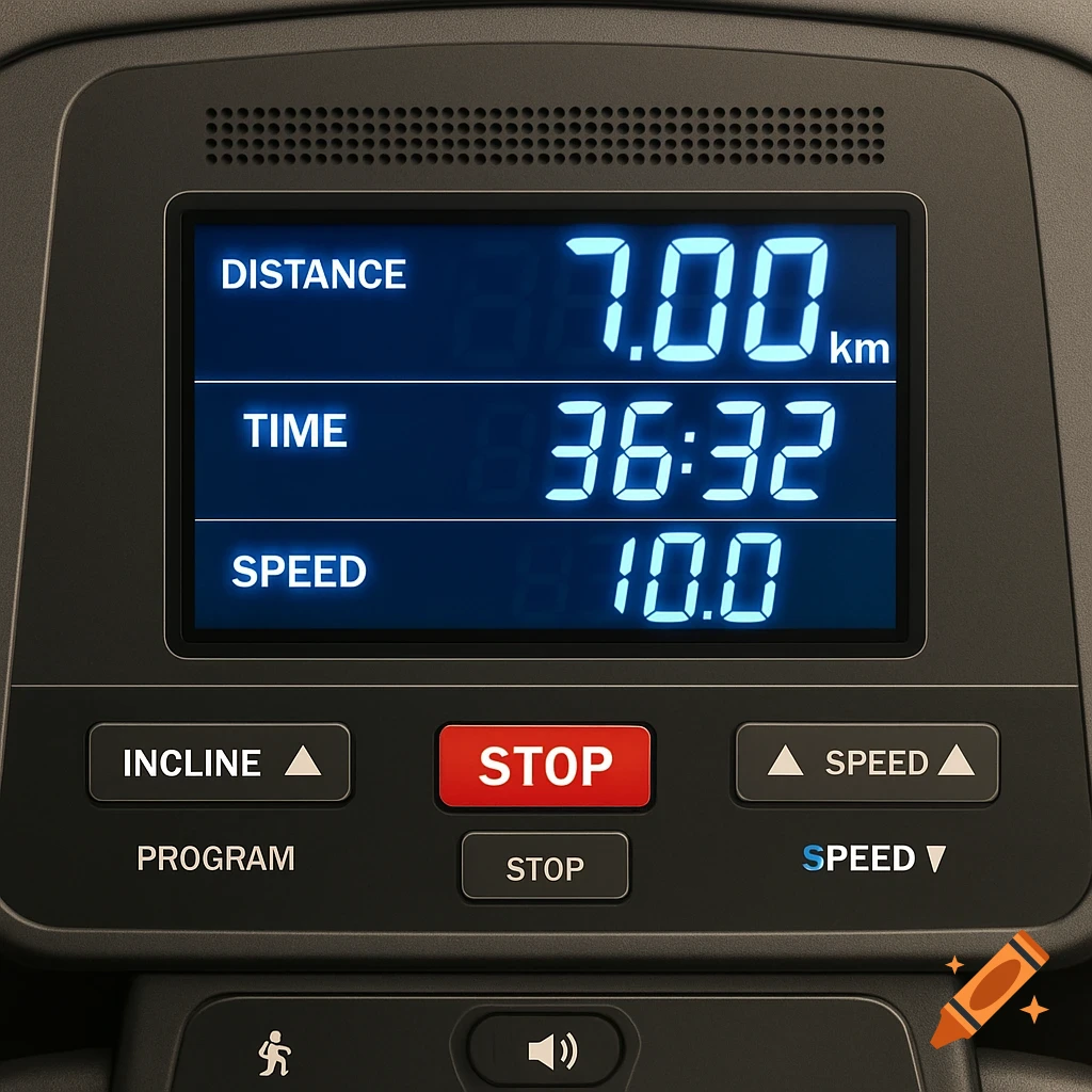 Close-up of a treadmill dashboard showing distance, time, speed, and ...